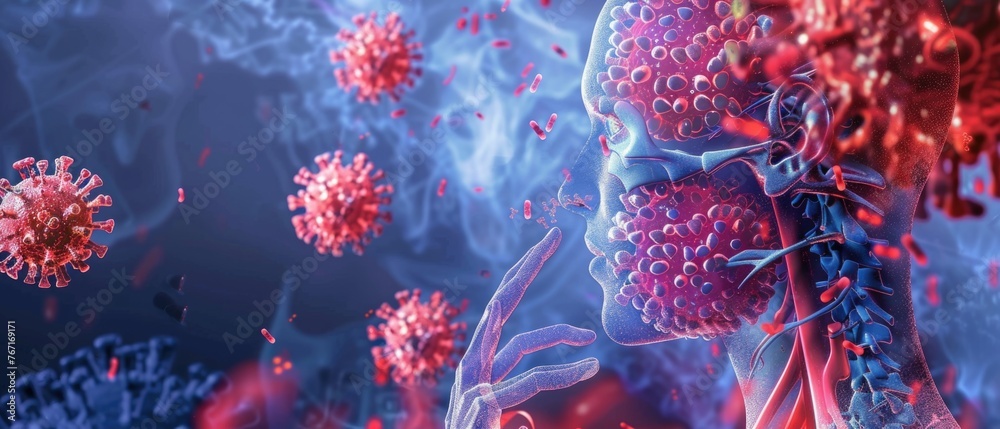 Diagram of the respiratory system invaded by flu viruses, depicting the ...