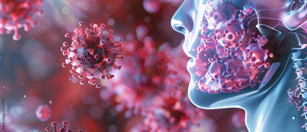 Diagram of the respiratory system invaded by flu viruses, depicting the ...