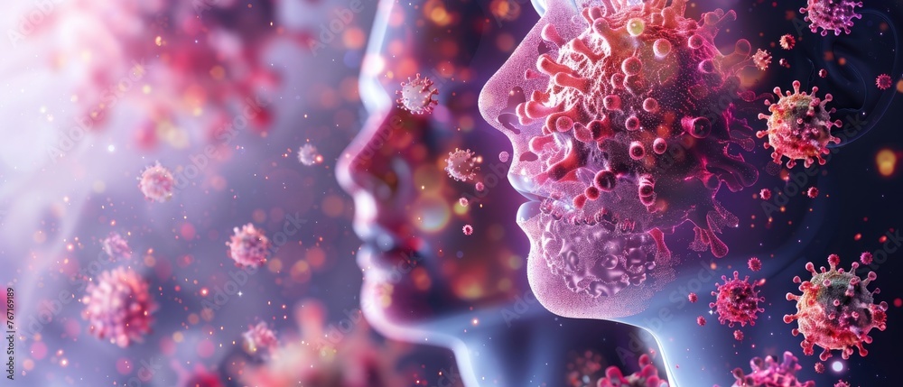 Diagram of the respiratory system invaded by flu viruses, depicting the ...