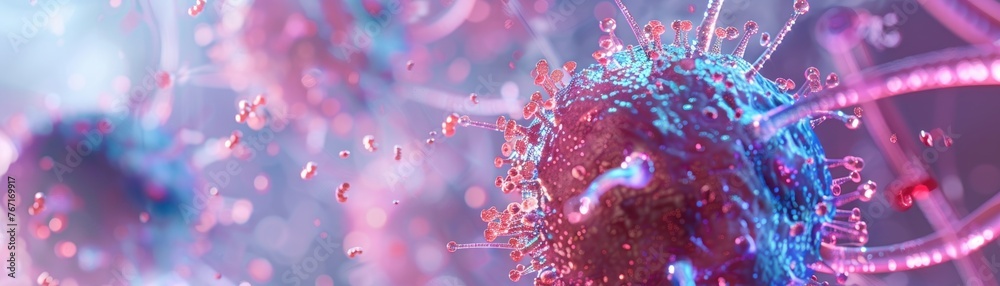 Closeup view of a virus attaching to a human cell, highlighting the ...