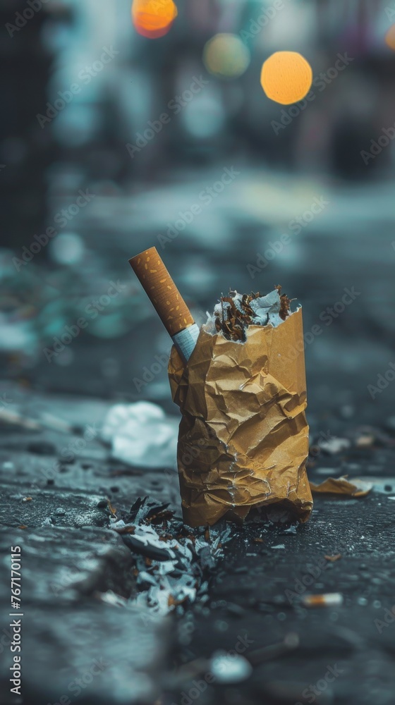 A cigarette pack crumpled and thrown in the trash, signifying the ...