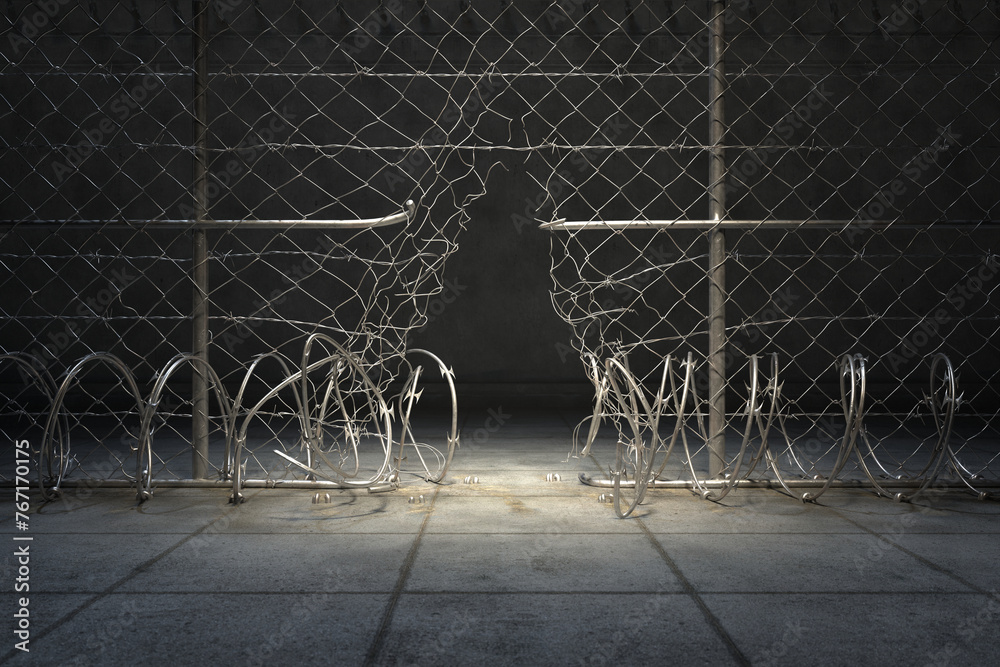 Dramatic Spotlight Illuminates a Damaged Chain Link Fence at Night ...