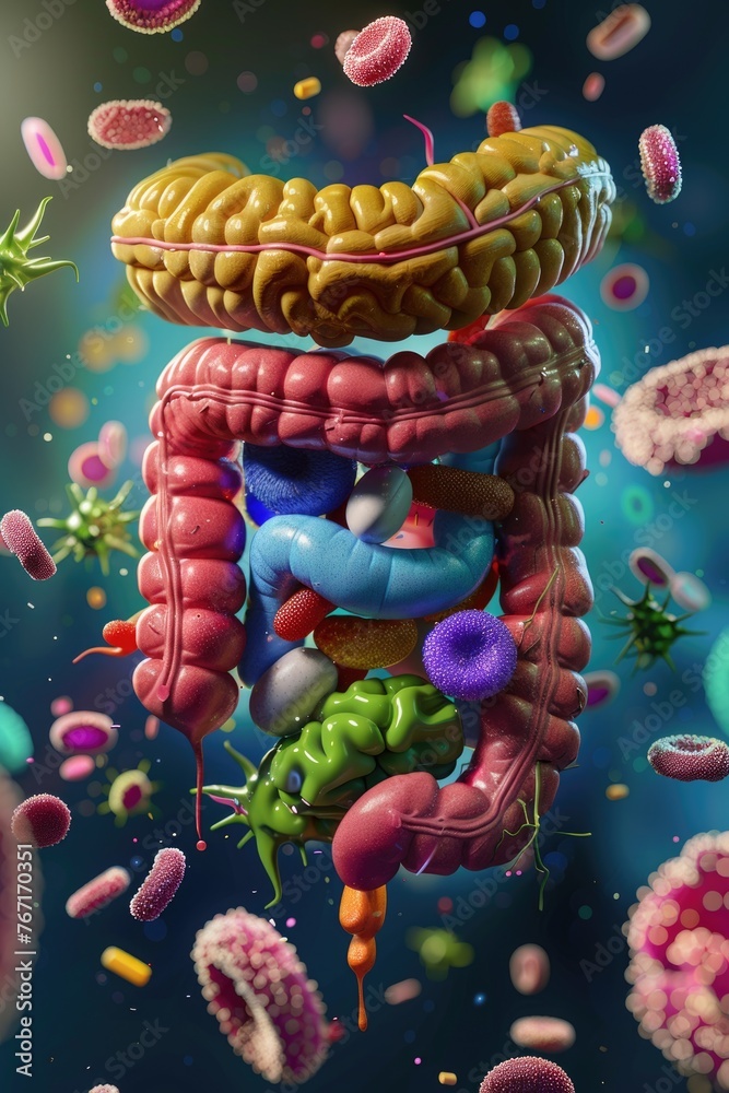 Detailed view of the human digestive tract with beneficial bacteria ...