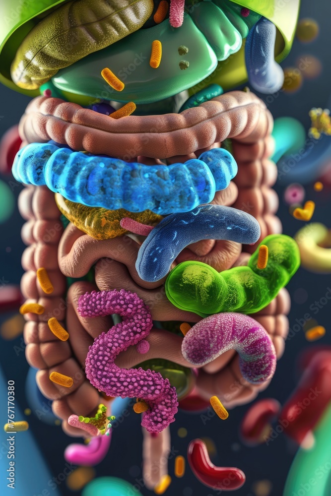 Detailed view of the human digestive tract with beneficial bacteria ...