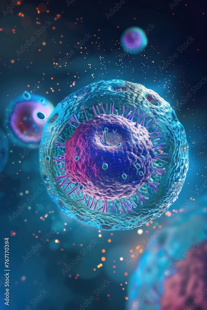 Diagram of a virus replicating inside a human cell, showing the stages ...