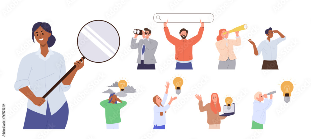 Happy business people employee characters searching new creative idea ...