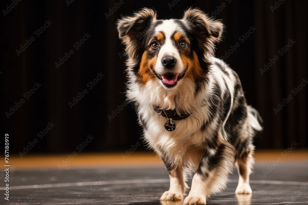 Australian Shepherd performing tricks at a dog talent show ...
