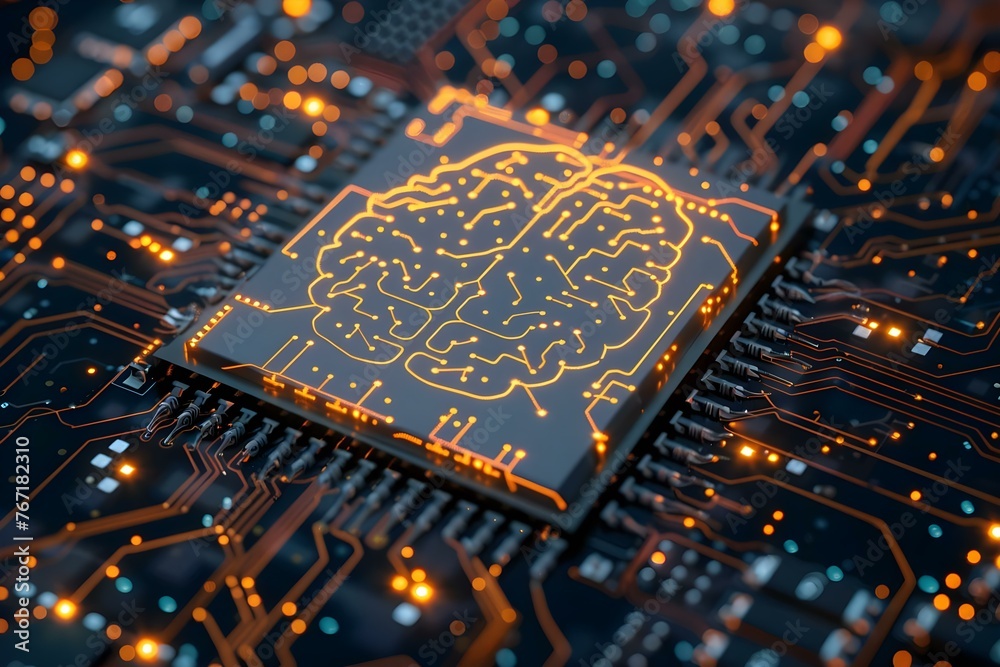 Closeup of a circuit board with artificial intelligence components symbolizing brain chip growth ...