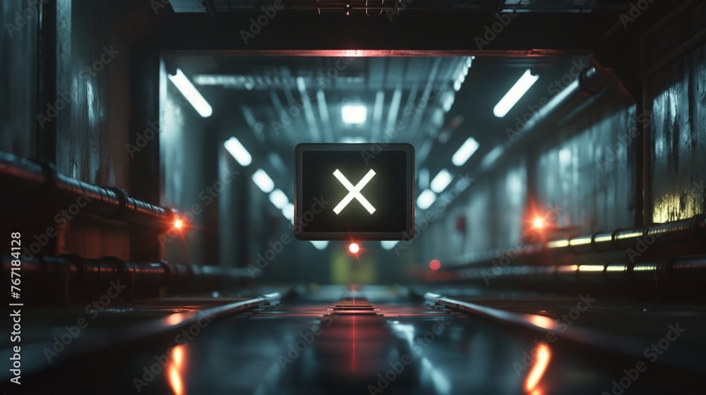 an illuminated sign X in a dark industrial facility corridor, Sci-fi ...