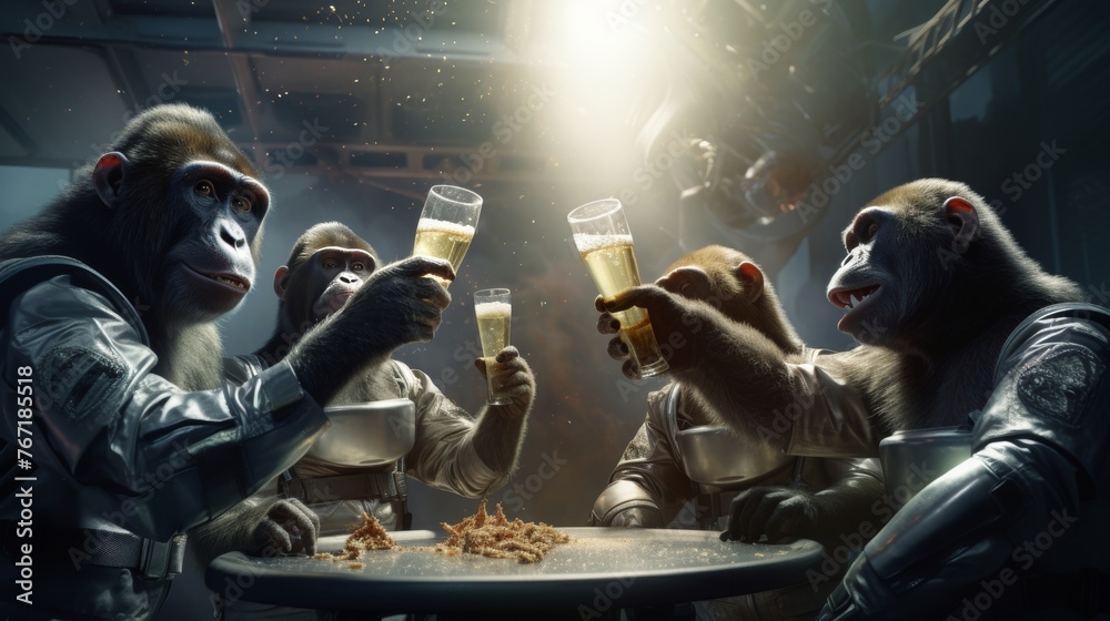 Space-suited primates toast with beer to new discoveries in a glass ...