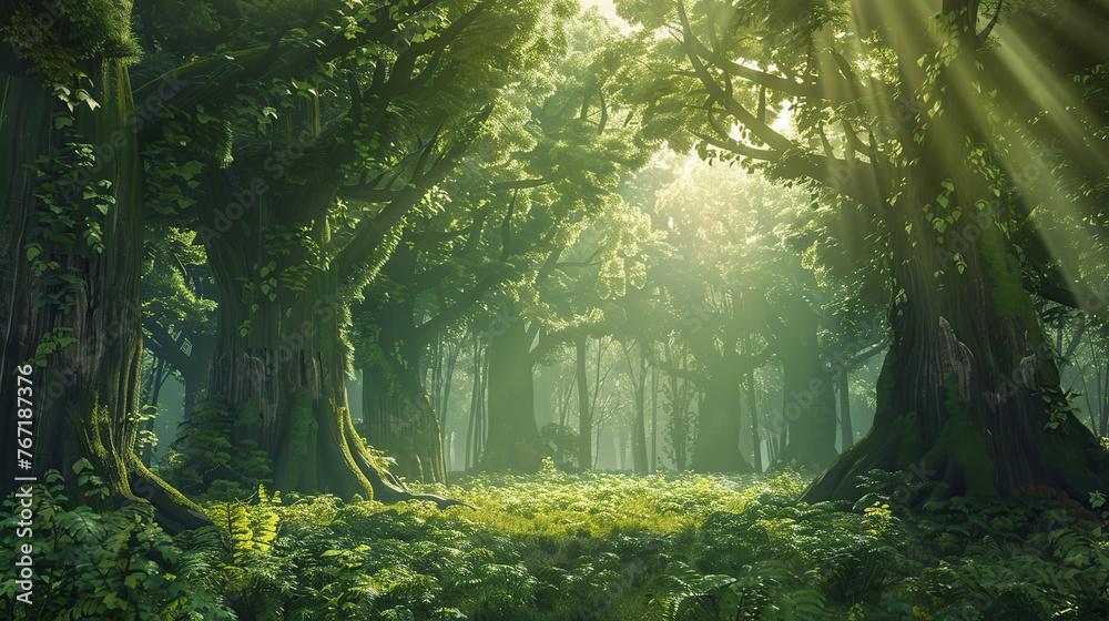 scene of an otherworldly forest, with towering trees reaching towards ...