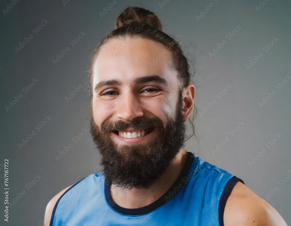 Man with a beard smiling happily in a studio, wearing on digital art ...