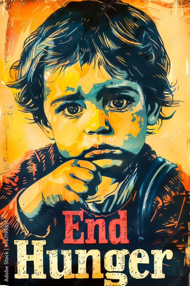 "End Hunger" A poster featuring a hungry child and a call to action for food donations and ...