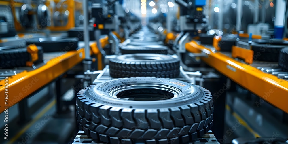 Machinery shaping tire treads in a tire manufacturing production line ...