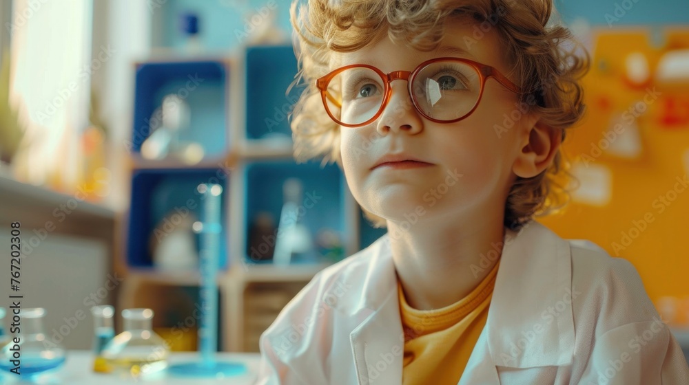 Young child with glasses wearing a white lab coat looking up with ...
