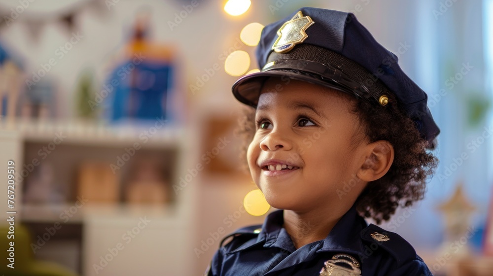 Young child dressed as a police officer smiling with a joyful ...