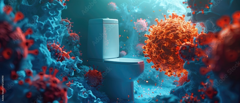 Fiery, red and orange viruses surrounding a cool, bluetoned toilet in a ...