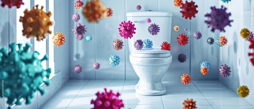 vividly colored viruses floating ominously around a porcelain toilet in ...