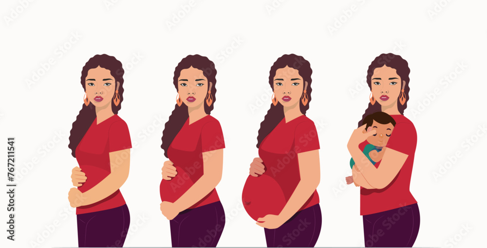 Mother pregnancy. Baby birth and motherhood. Process stages. Woman ...