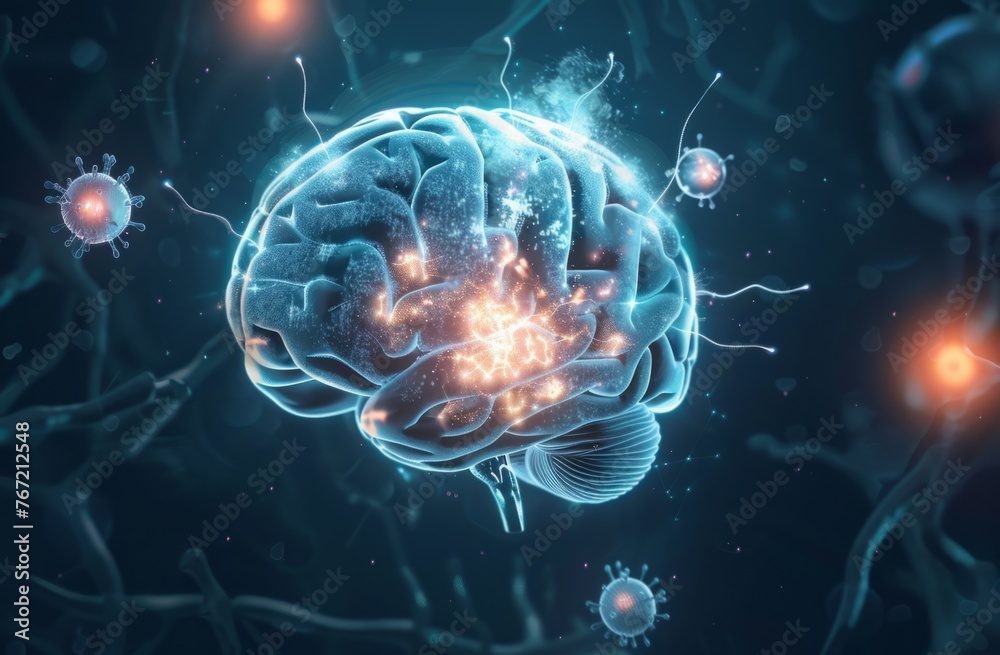 animated brain with a bright glowing splash symbolizing pain and ...