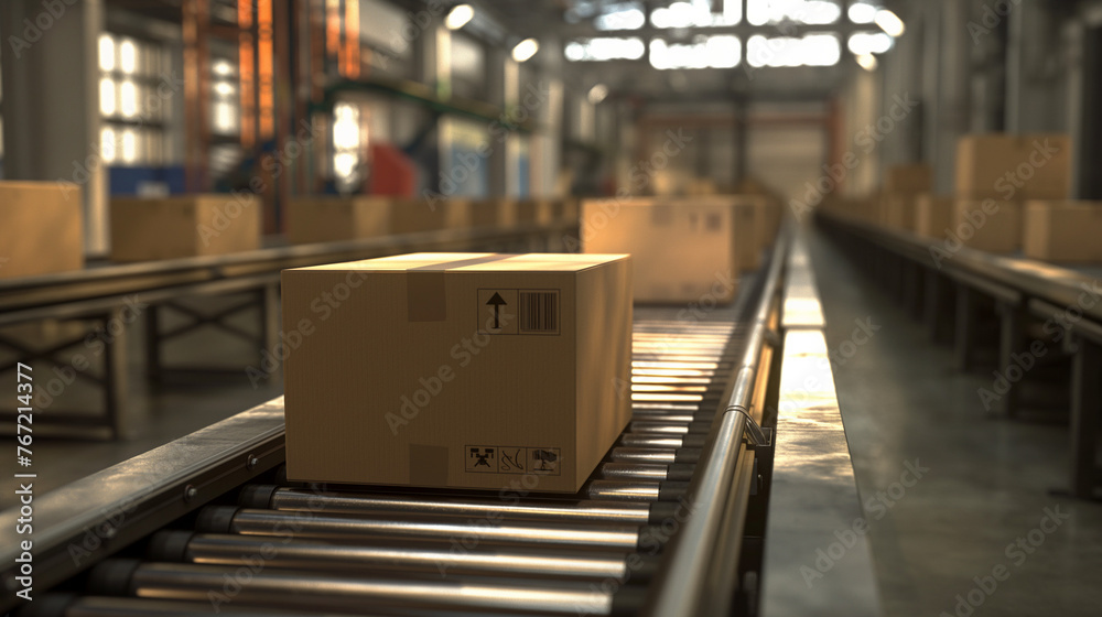 Cardboard boxes on conveyor rollers in an industrial area, ready for ...