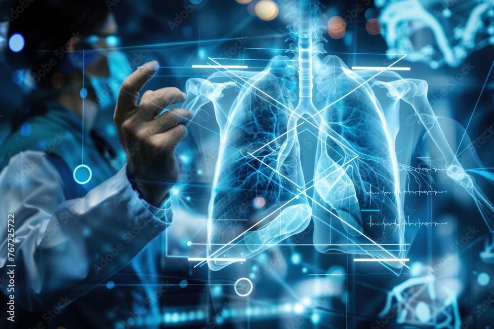 Medicine doctor with electronic medical record of human lungs anatomy ...