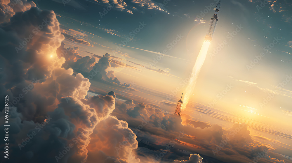 ultra realistic, 8k, a rocket launching into the sky. foresst ...