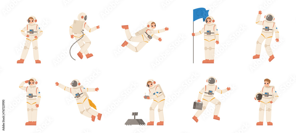 Cartoon astronauts. Cosmonauts wear space suit, holding flag and ...