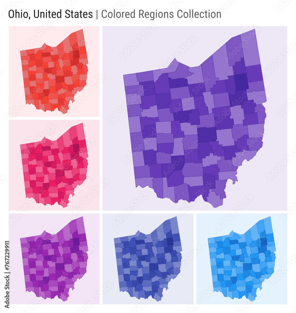 Ohio, United States. Map collection. State shape. Colored counties ...