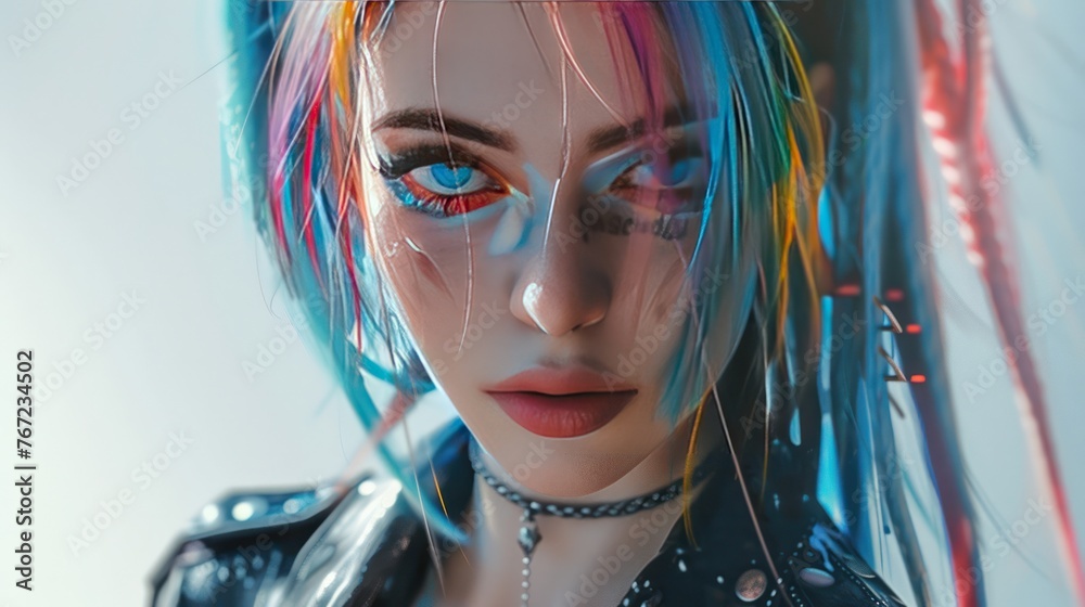 rainbow haired teen glowing blue eyes wear leather clothes cyber tattoo ...