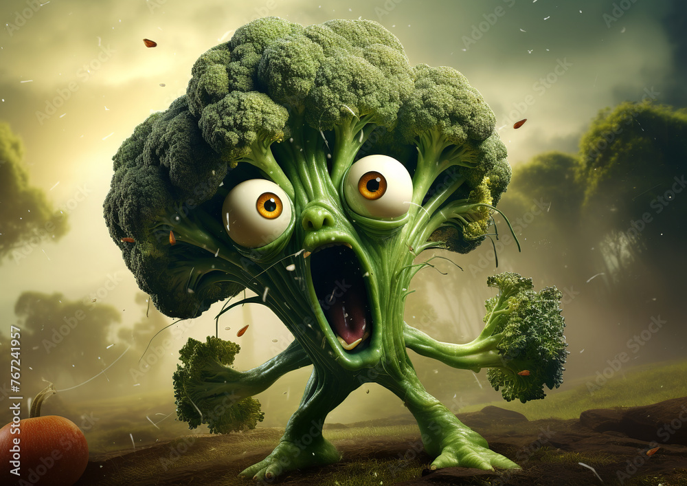 A whimsical figure resembling a broccoli stands in a fantasy world with ...