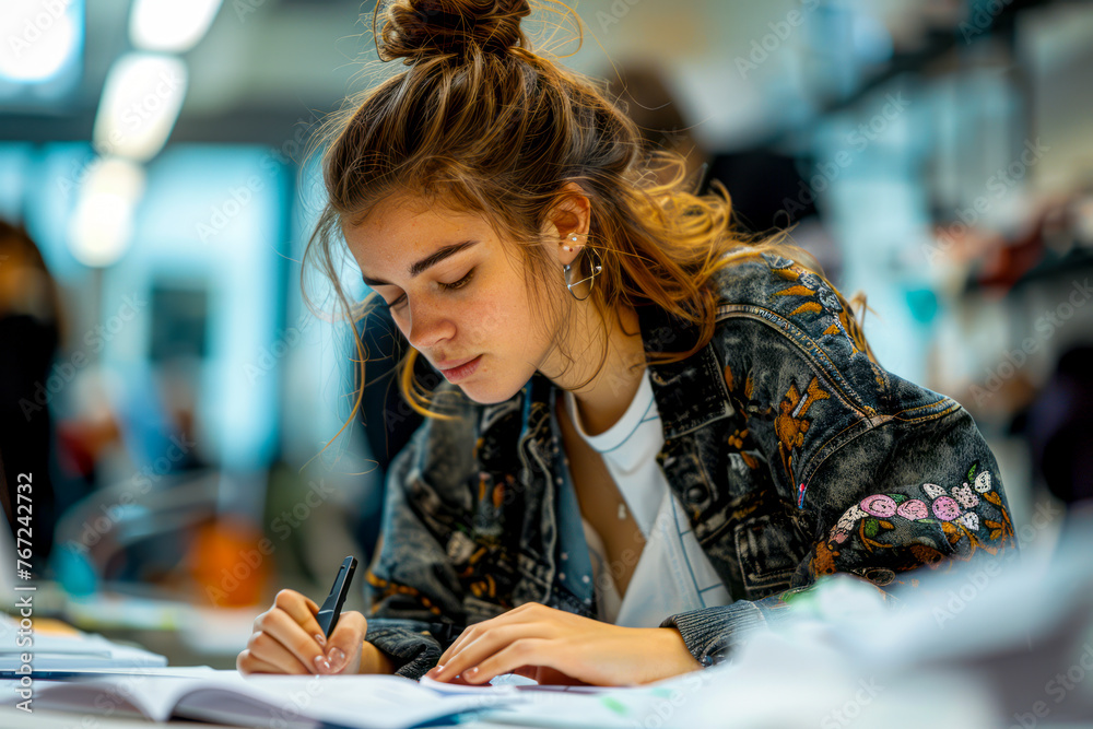 Young woman designing at a fashion school: Female student creating a ...