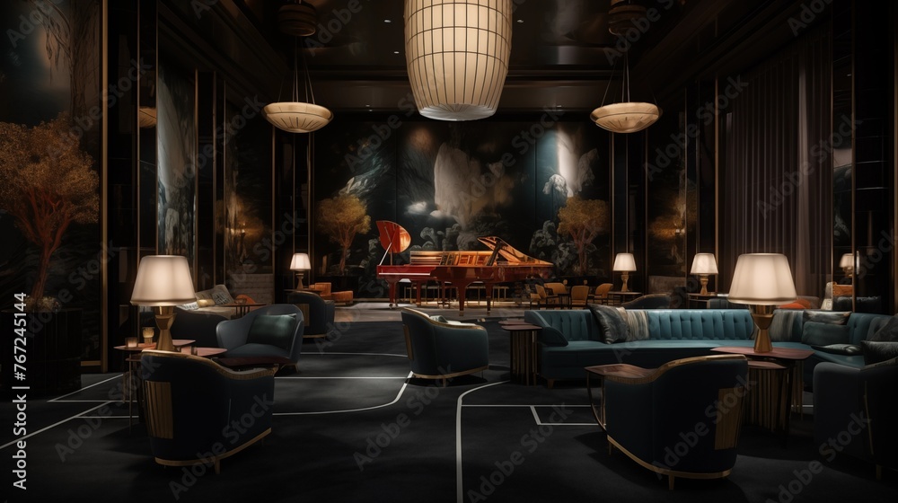 Swanky cocktail lounge with dramatic lighting velvet seating and art ...