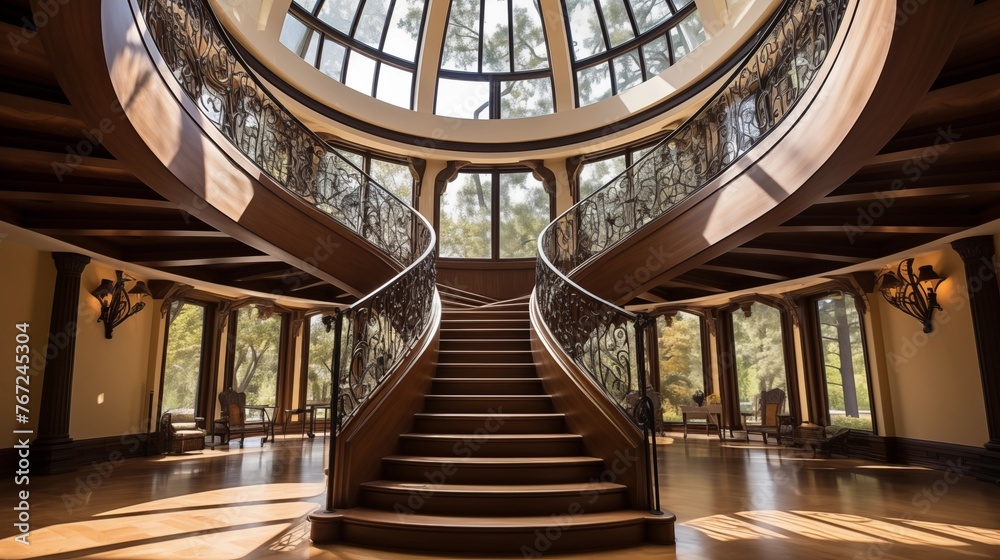 Three-story grand spiral staircase in circular turret with wrought iron ...