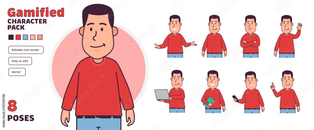 Vecteur Stock Simple flat gamified male vector character in a set of ...