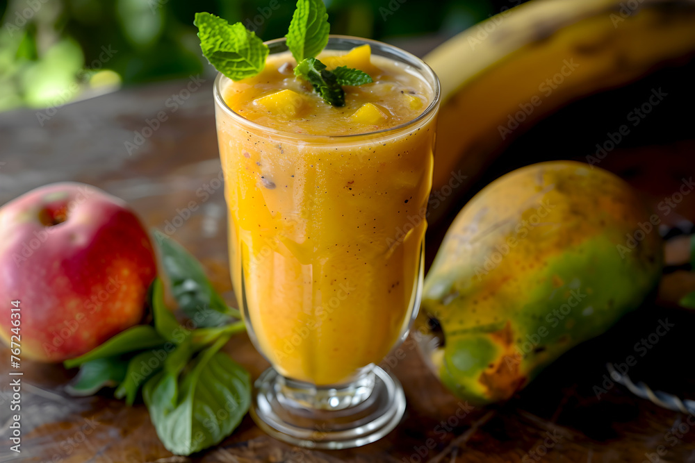 Frosty mango smoothie with basil and tropical fruits on wooden table ...