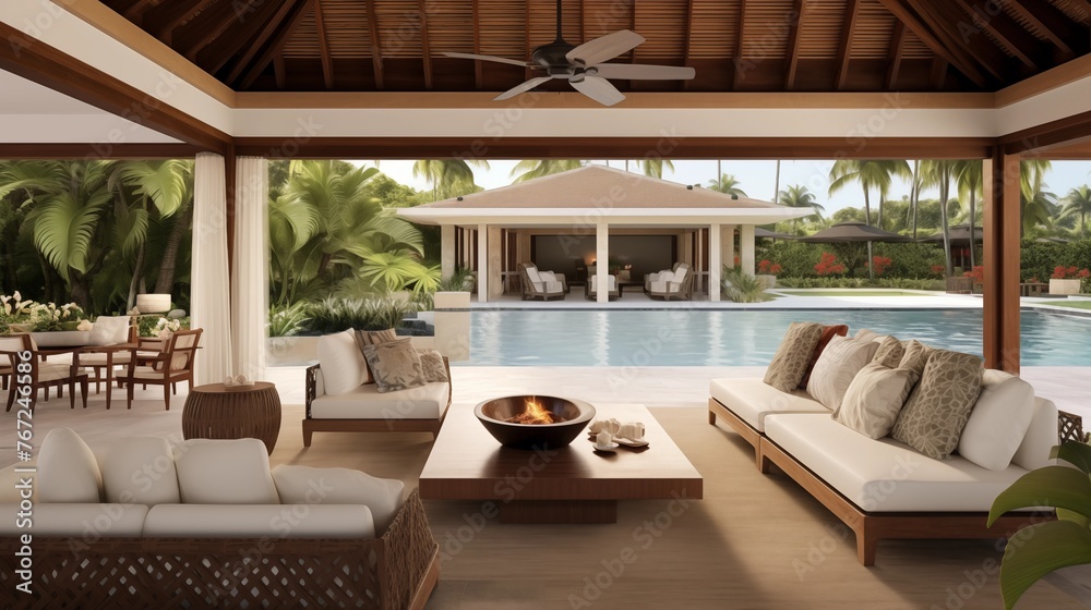Tropical indoor/outdoor bungalow living room with tongue-and-groove ...