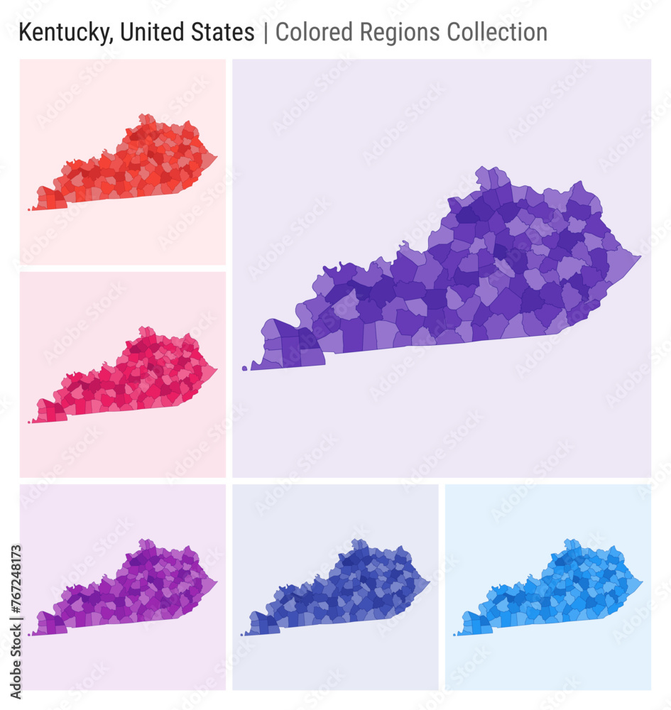 Kentucky, United States. Map collection. State shape. Colored counties ...