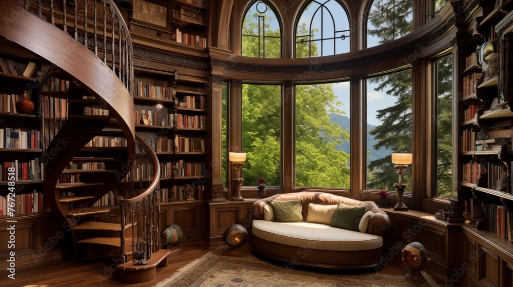 Two-story home library in circular Renaissance-style turret with curved ...
