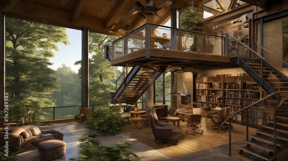 Two-story rustic barnwood home office pavilion with rolling ladder ...