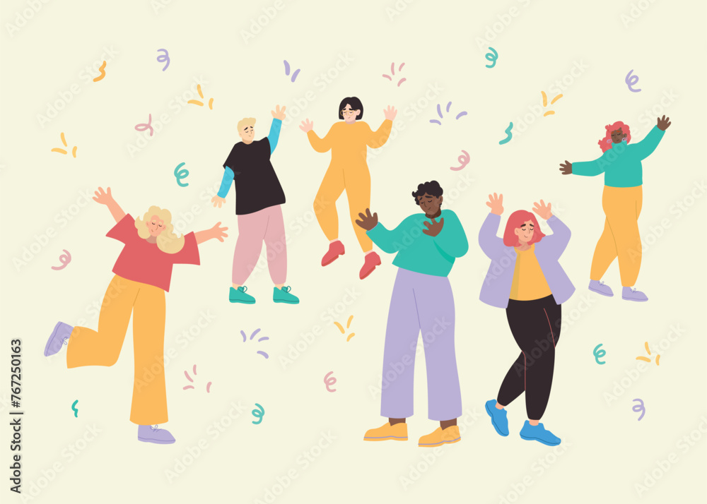 Happy free diverse party people dancing and jumping in air. Concept of ...
