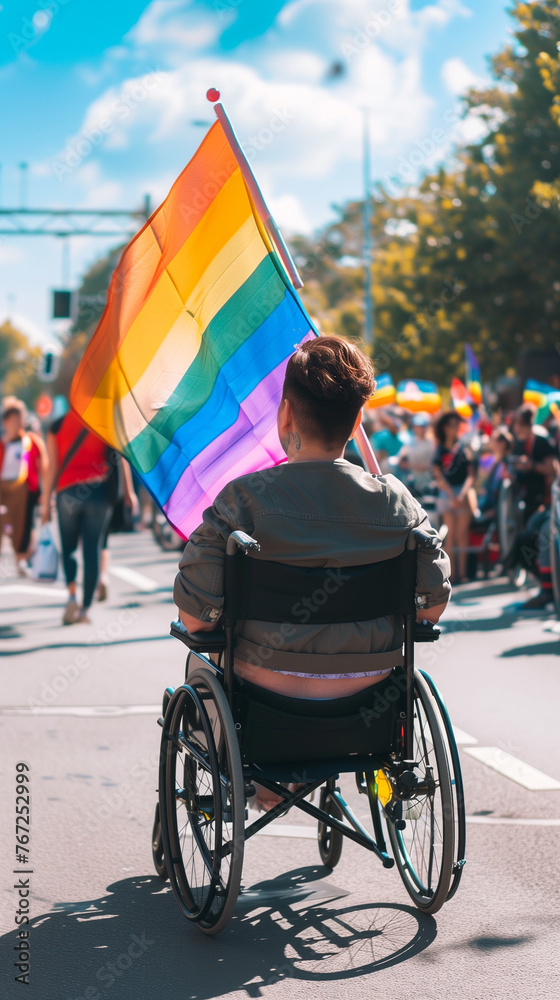 Back view disabled gay man in wheelchair with rainbow LGBTQ+ flag ...