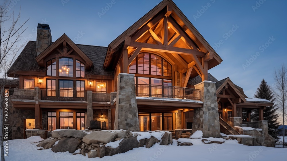 Warm and rustic ski chalet with timber frame construction vaulted ...