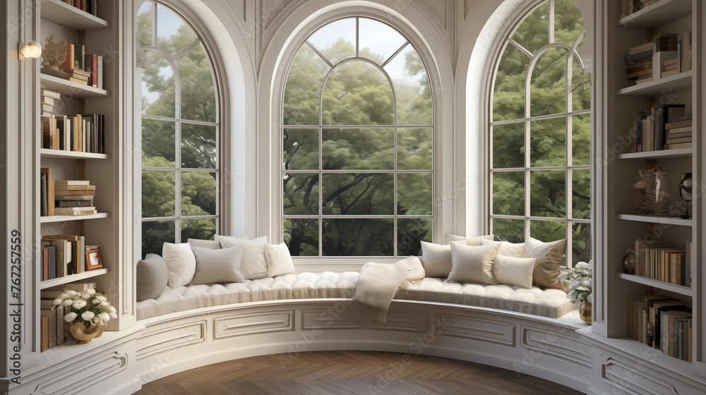 Windowed circular Renaissance-inspired turret reading nook with custom ...