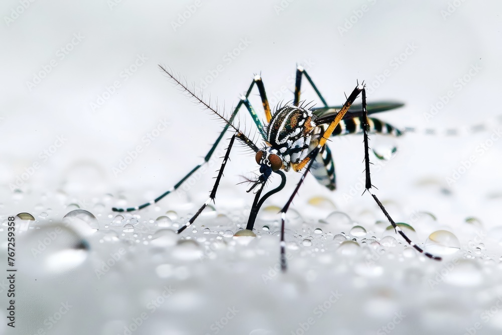 Mosquito on a surface with water droplets - Macro shot depicting a ...