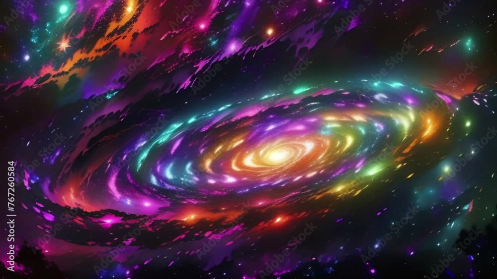 Colorful cosmic animation with deep space, rotating galaxy, bright ...