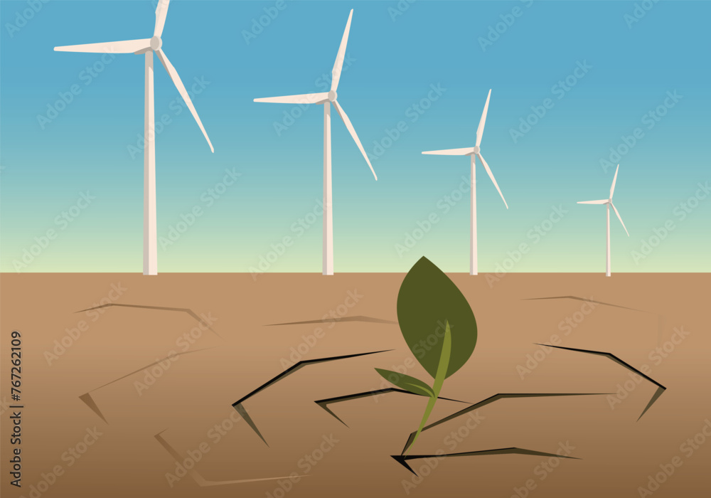 Wind turbine in an arid land. Illustration explaining the negative ...
