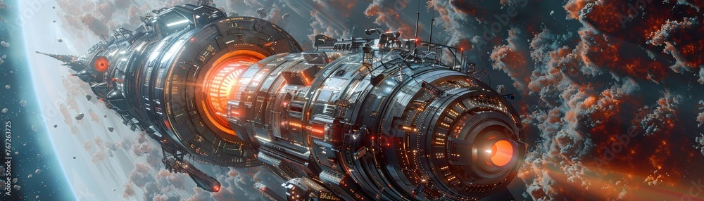 In a futuristic space station, elaborate spacecraft docking mechanisms ...