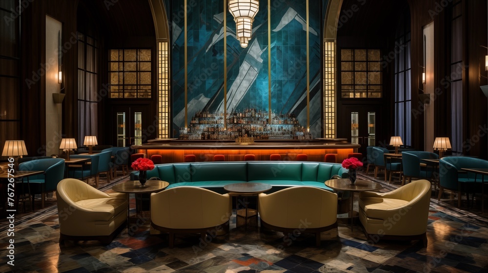 Posh art deco bar lounge with intricate tile mosaics geometric light ...