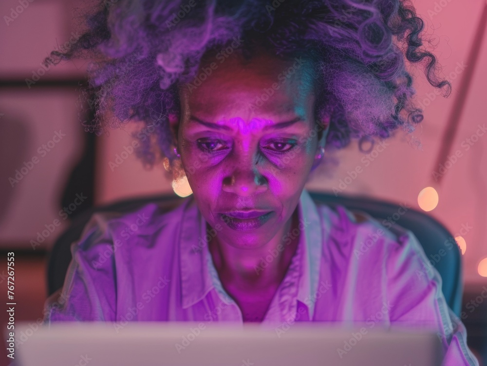 Focused African American woman inputs data into illicit AI tool ...
